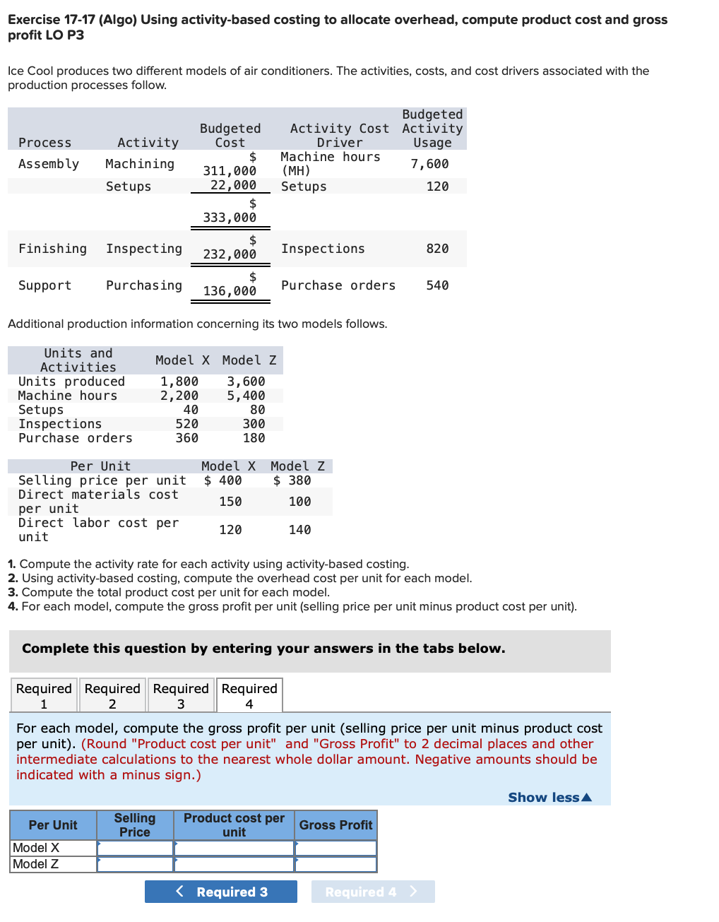 Solved Exercise 17-17 (Algo) Using activity-based costing to | Chegg.com