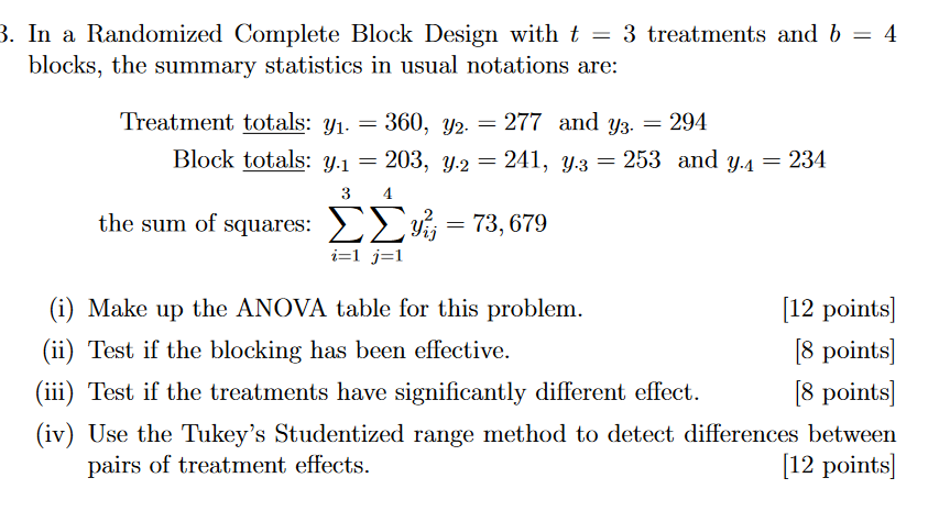 Solved 3. In a Randomized Complete Block Design with t = 3 | Chegg.com