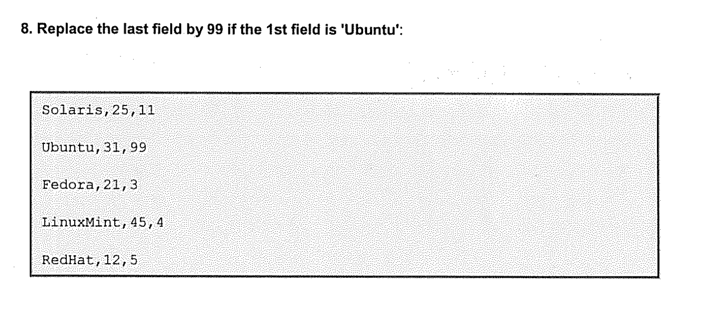 Solved 8. Replace the last field by 99 if the 1 st field is | Chegg.com