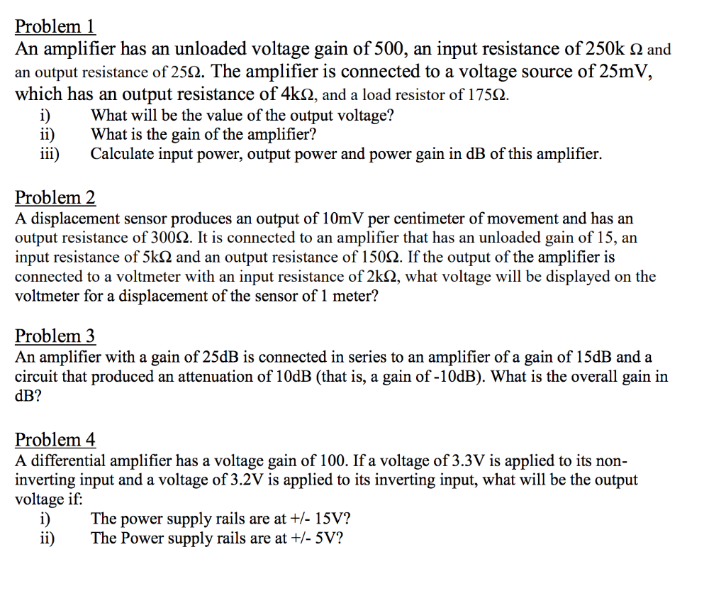 Solved Problem1 An amplifier has an unloaded voltage gain of | Chegg.com