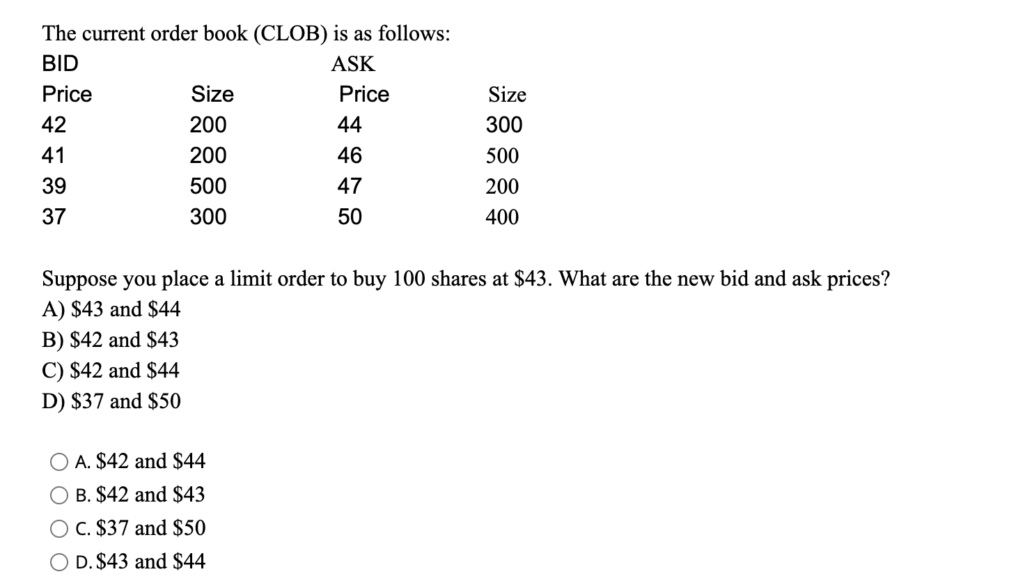 Solved The current order book (CLOB) is as follows: BID ASK | Chegg.com