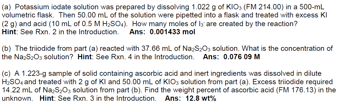 Solved (a) Potassium iodate solution was prepared by | Chegg.com