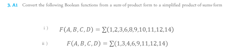 Solved 3 A1 Convert The Following Boolean Functions From A 5044