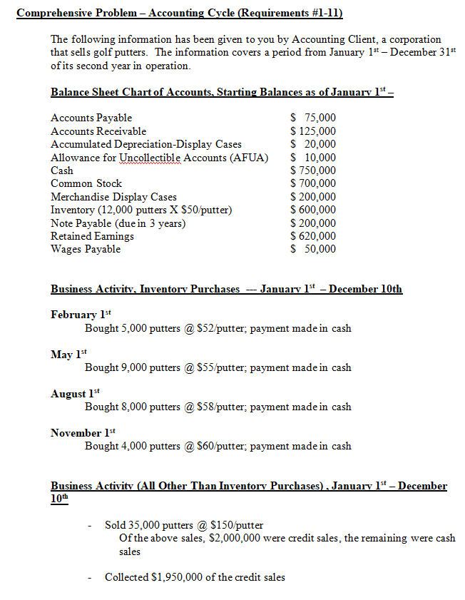 Comprehensive Problem - Accounting Cycle Requirements | Chegg.com