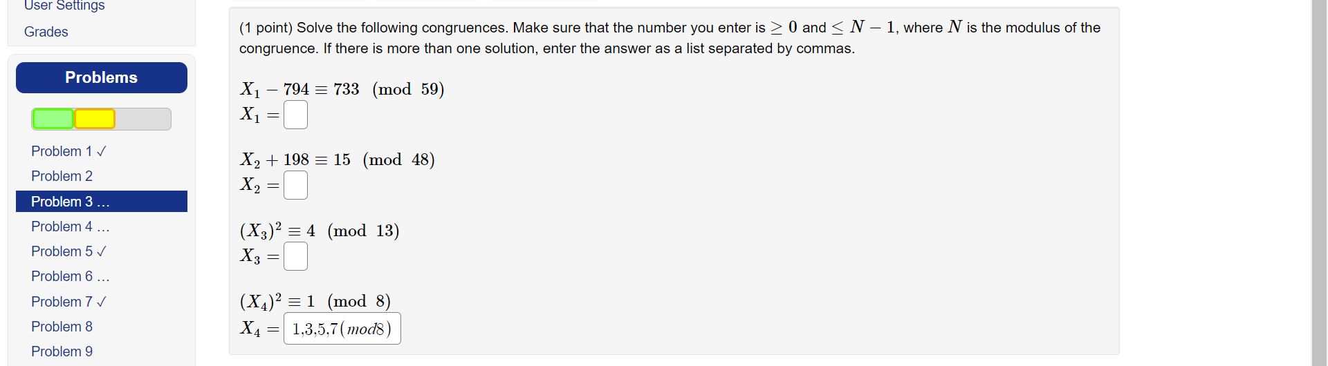Solved (1 point) Solve the following congruences. Make sure | Chegg.com
