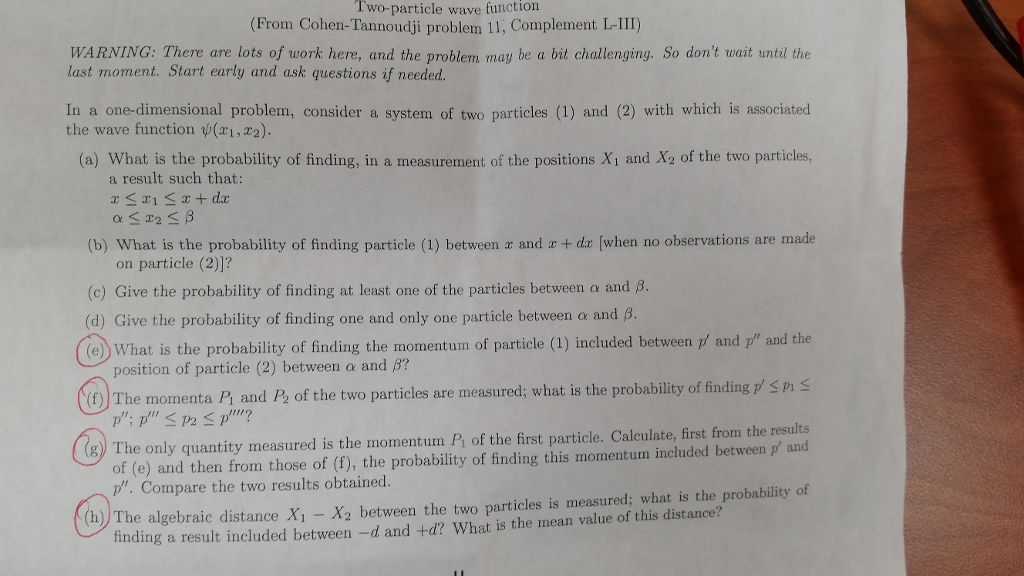 Two-particle wave function (From Cohen-Tannoudji | Chegg.com
