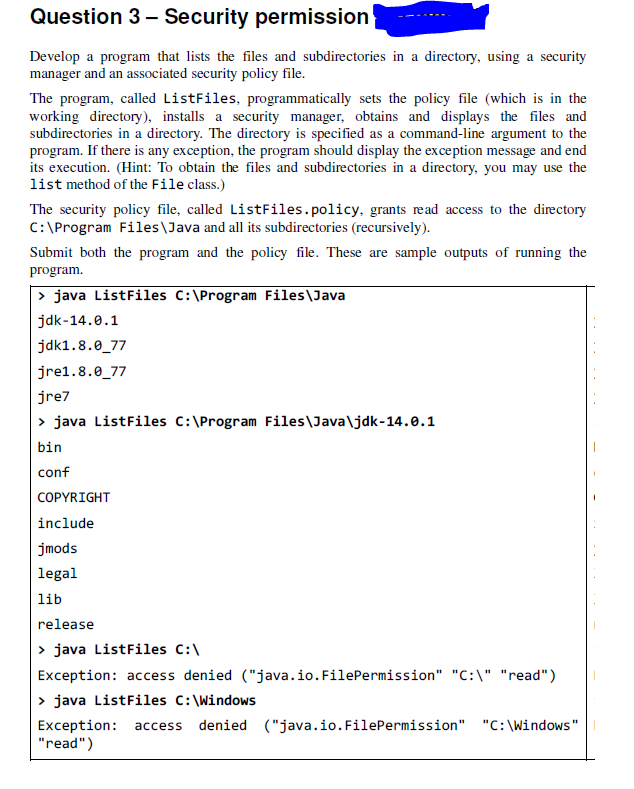 Question 3 - Security permission Develop a program | Chegg.com