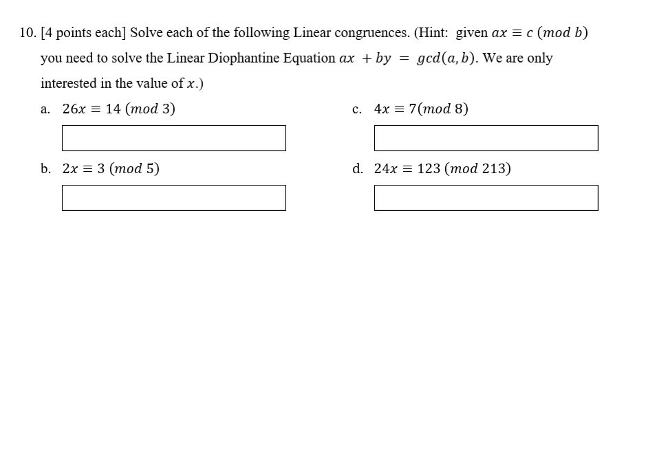 Solved 10. [4 points each] Solve each of the following | Chegg.com