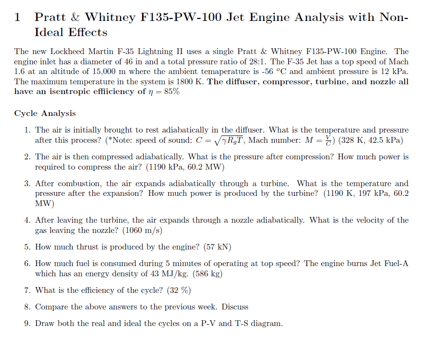 Solved 1 Pratt & Whitney F135-PW-100 Jet Engine Analysis | Chegg.com
