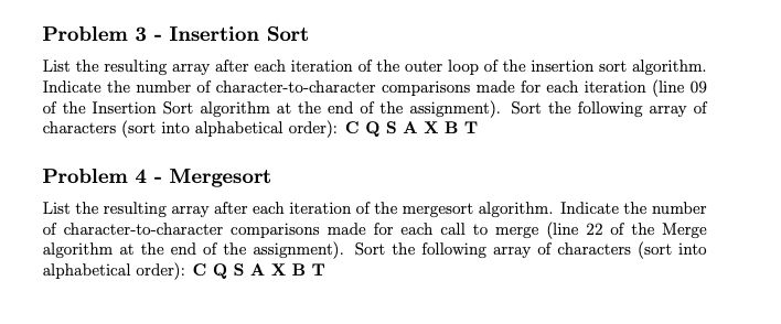 Problem 3 - Insertion Sort List the resulting array | Chegg.com