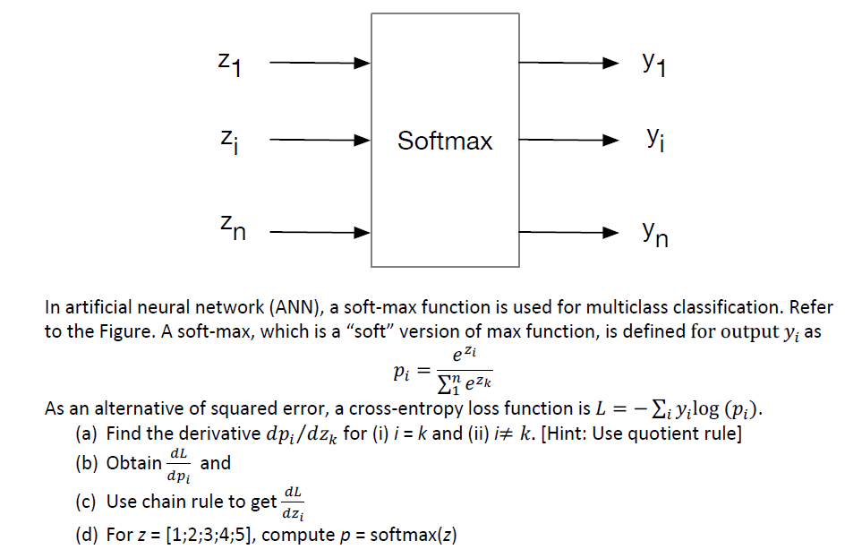 Solved 21 Y1 zi Softmax Y; Zn yn In artificial neural | Chegg.com