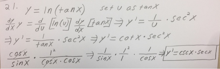 Solved y = ln(tan x) set U as tanx dy/dx = d/dU[ln(U)] | Chegg.com