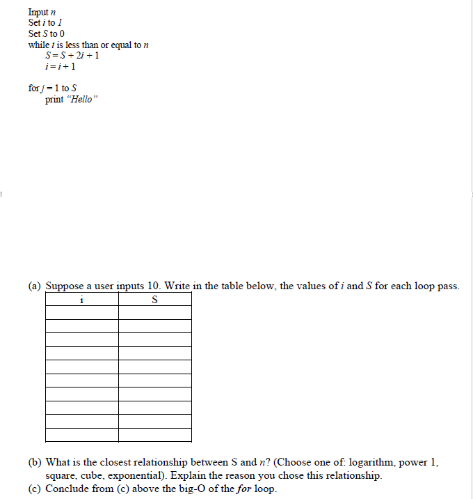 Solved Input n Set i to 1 Set S to 0 while i is less than or | Chegg.com