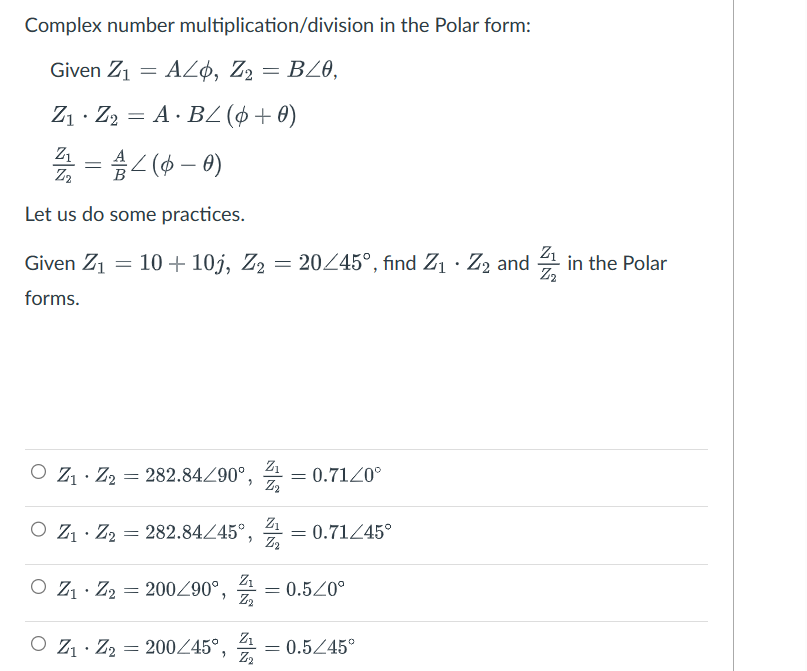 Solved Complex number multiplication/division in the Polar | Chegg.com
