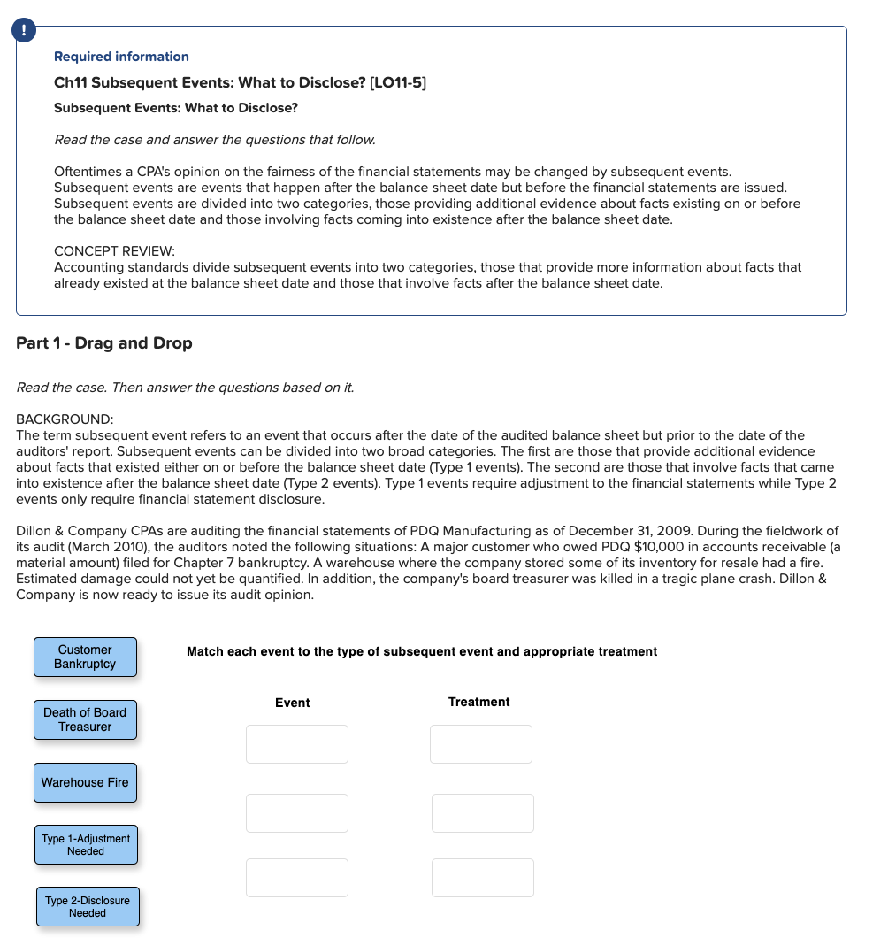 Solved Required information Ch11 Subsequent Events: What to | Chegg.com