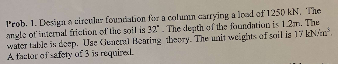 Solved Prob. 1. Design a circular foundation for a column | Chegg.com