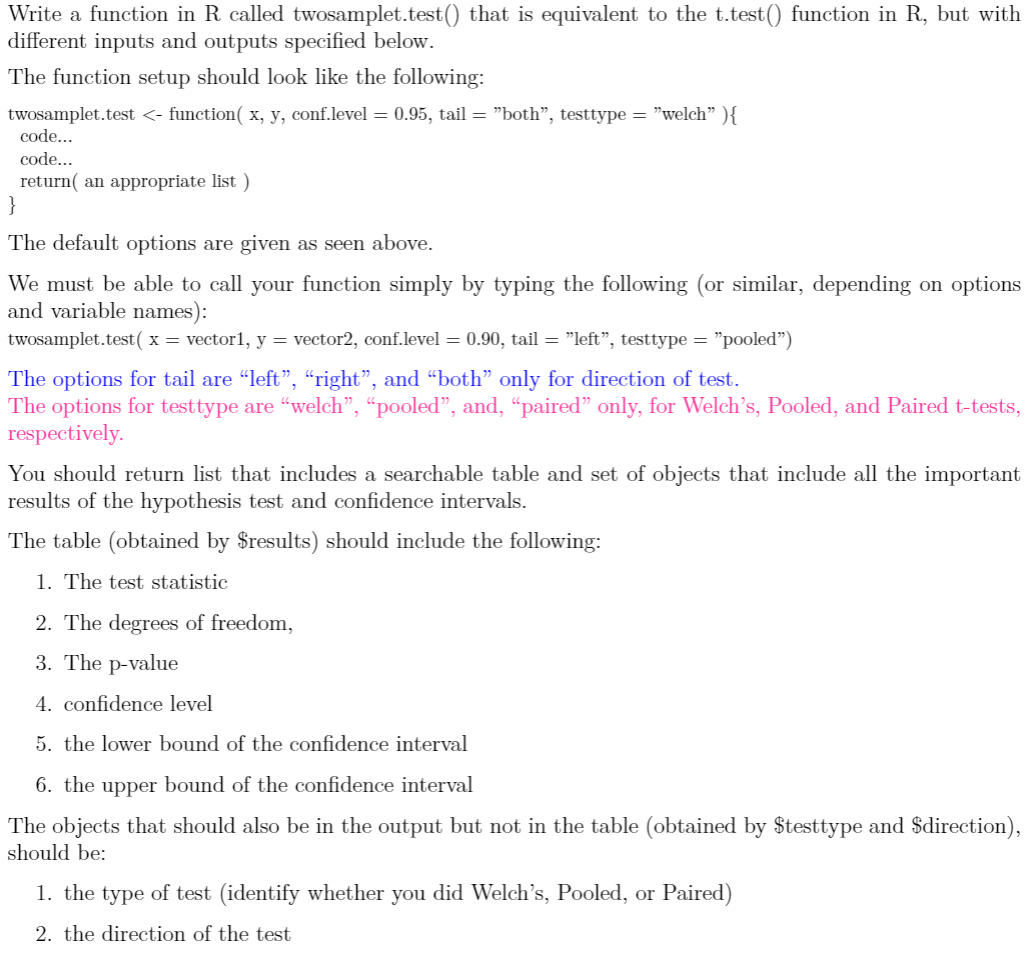 Write a function in R called twosamplet.test() that | Chegg.com