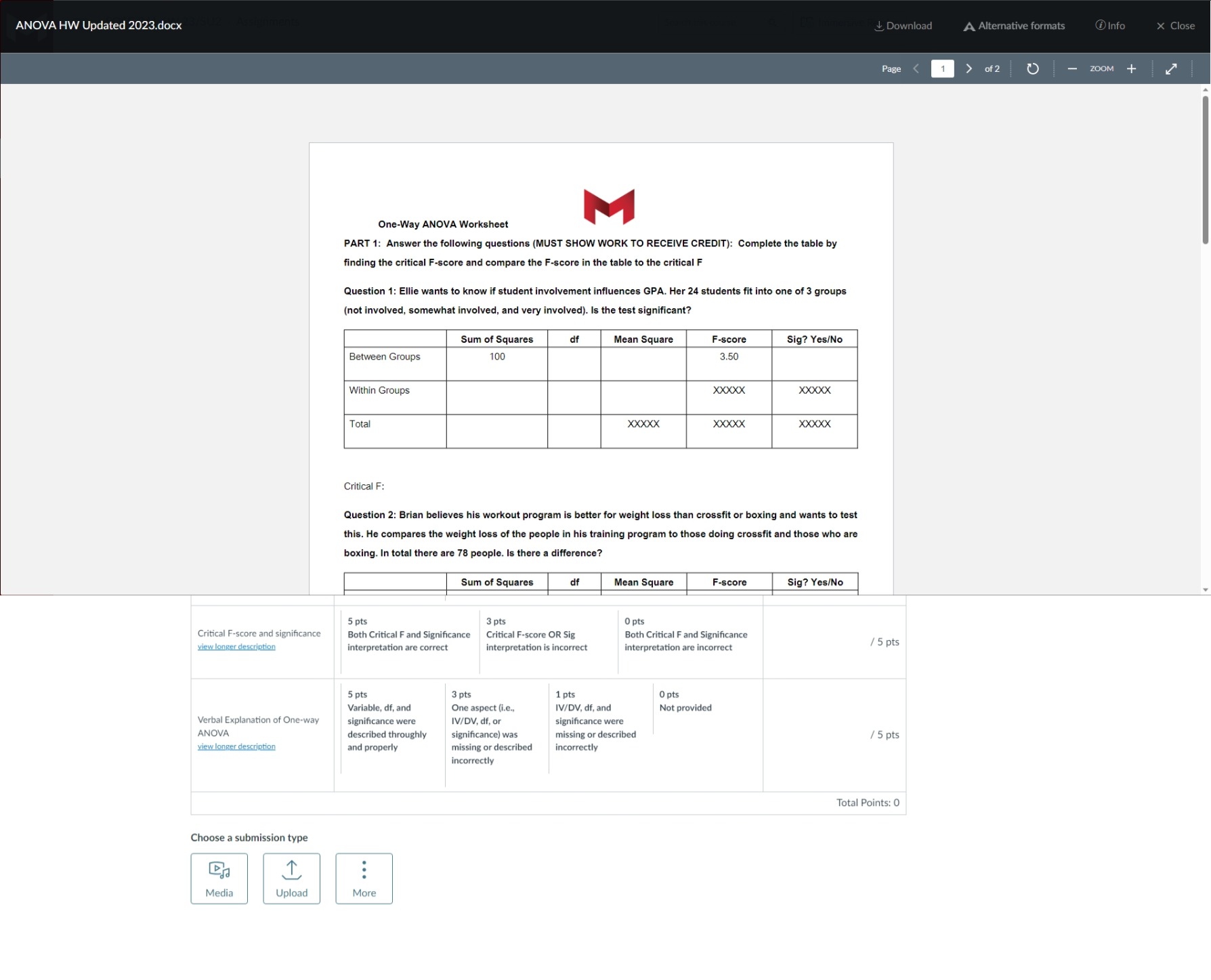 Solved ANOVA HW Updated 2023.docx One-Way ANOVA Worksheet | Chegg.com