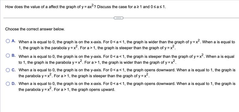 Solved How does the value of a affect the graph of y=ax2 ? | Chegg.com