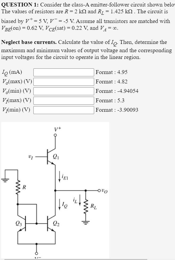 Solved QUESTION 1: Consider the class-A emitter-follower | Chegg.com
