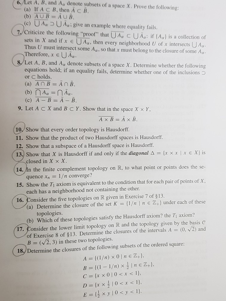 Solved 6 Let A L And Ar Denote Subsets Of A Space X