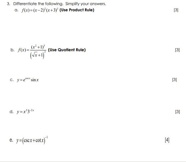 Solved 3. Differentiate the following. Simplify your | Chegg.com