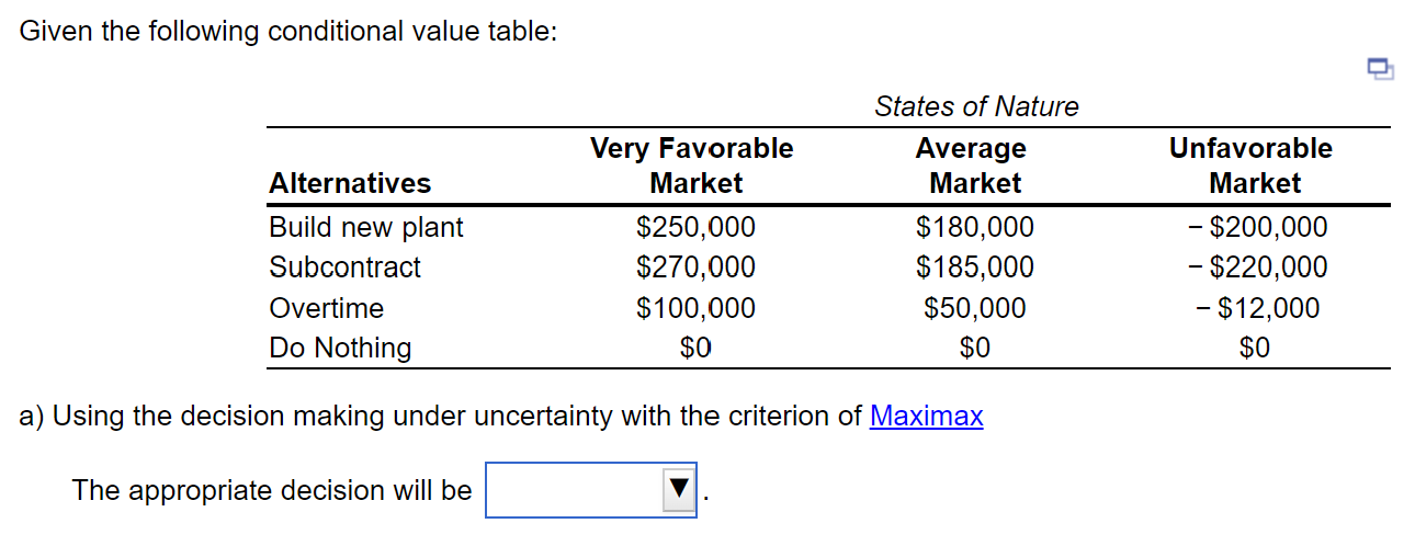 Solved a) Using the decision making under uncertainty with | Chegg.com
