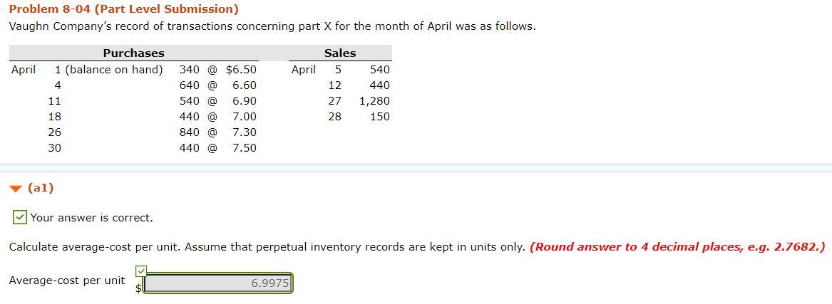 Solved Problem 8-04 (Part Level Submission) Vaughn Company's | Chegg.com