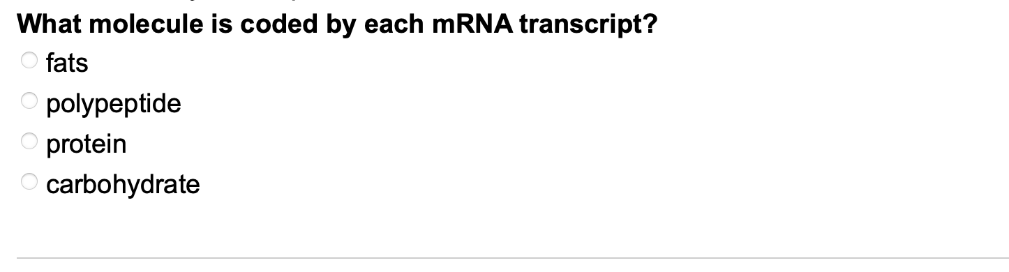 Solved What molecule is coded by each mRNA transcript? fats | Chegg.com