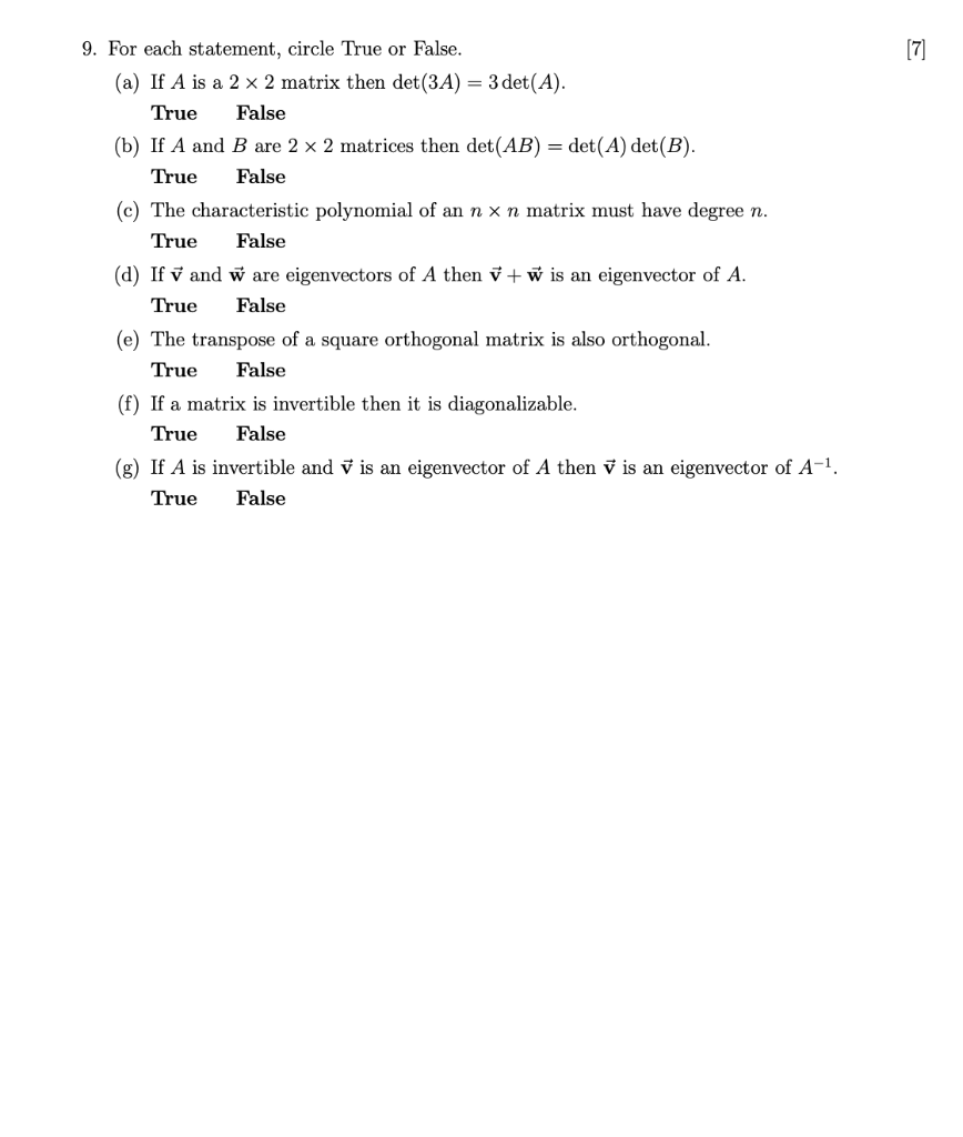 Solved 9. For each statement, circle True or False. (a) If A | Chegg.com