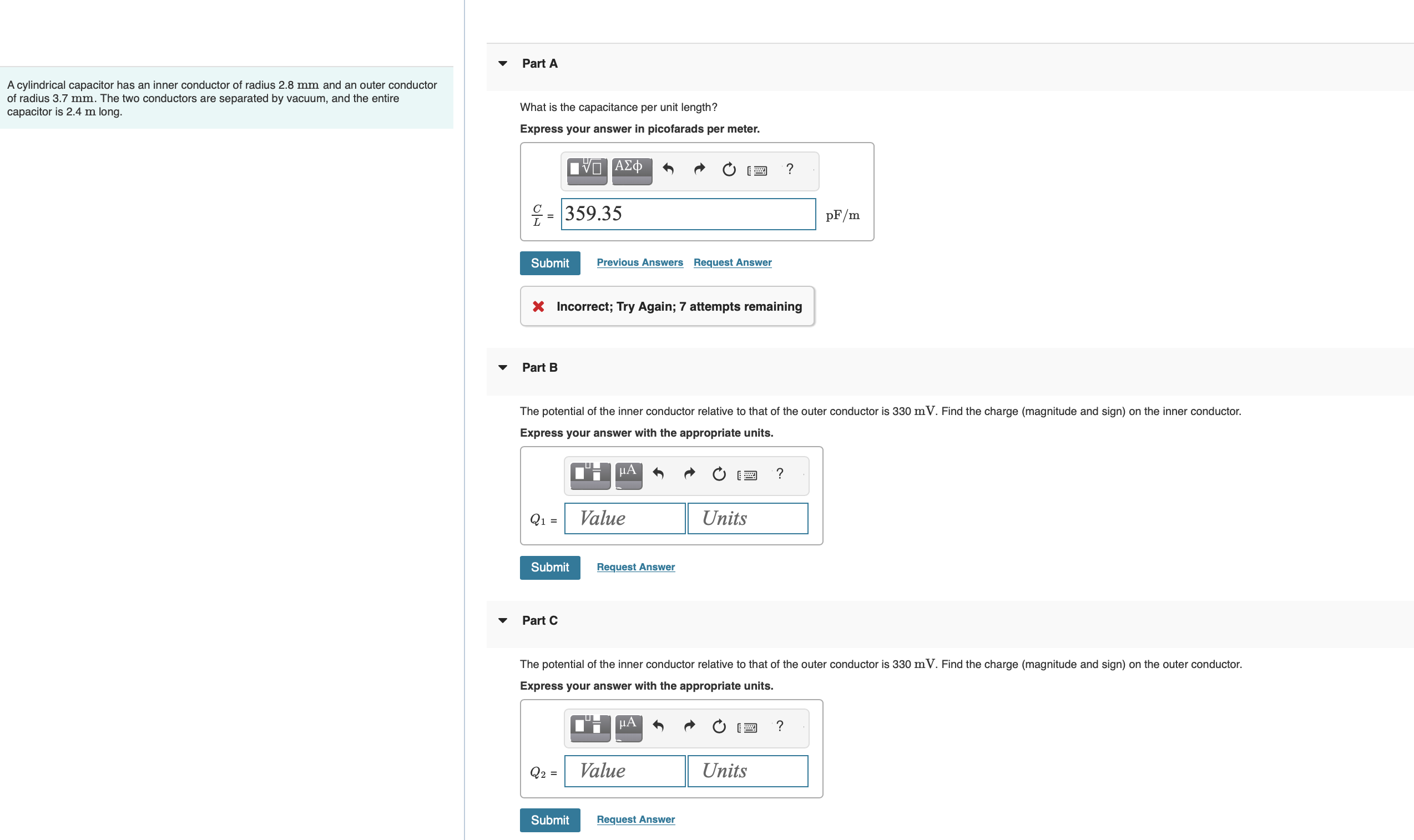 Solved part a) pF/m unit part b) C unit part c) C unit | Chegg.com