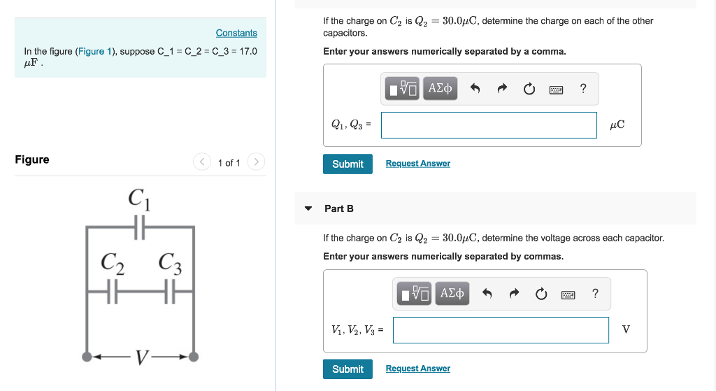 Solved If the charge on C2 is Q2 30.0C, determine the charge | Chegg.com