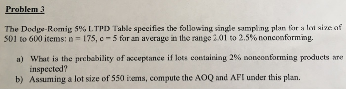 Solved Problem 3 The Dodge-Romig 5% LTPD Table specifies the | Chegg.com
