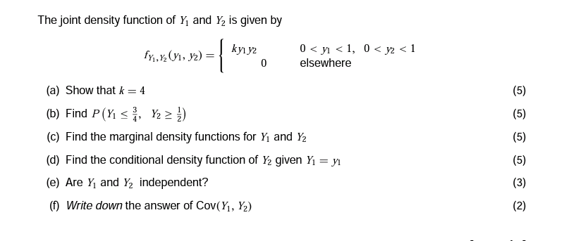Solved The joint density function of Y and Y2 is given by | Chegg.com
