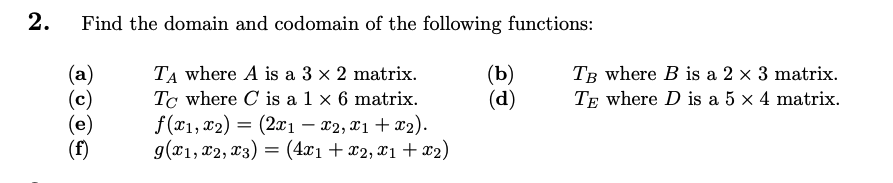 Solved 2. Find the domain and codomain of the following | Chegg.com