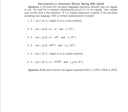 Solved Introduction to Automata Theory Spring 2021 Quiz2 | Chegg.com