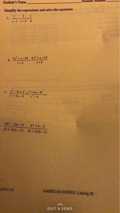 Solved Student's Name Student NUMB Student Number t Simplify | Chegg.com