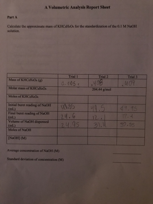 A Volumetric Analysis Report Sheet Part A Calculate | Chegg.com