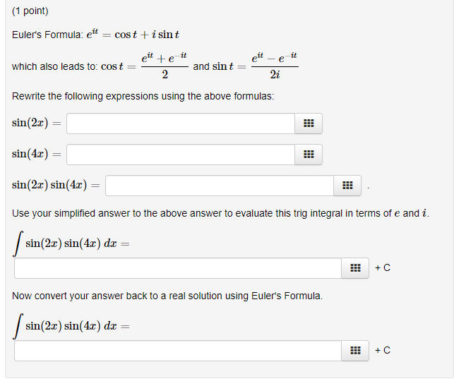 Solved (1 ﻿point)Euler's Formula: eit=cost+isintwhich also | Chegg.com