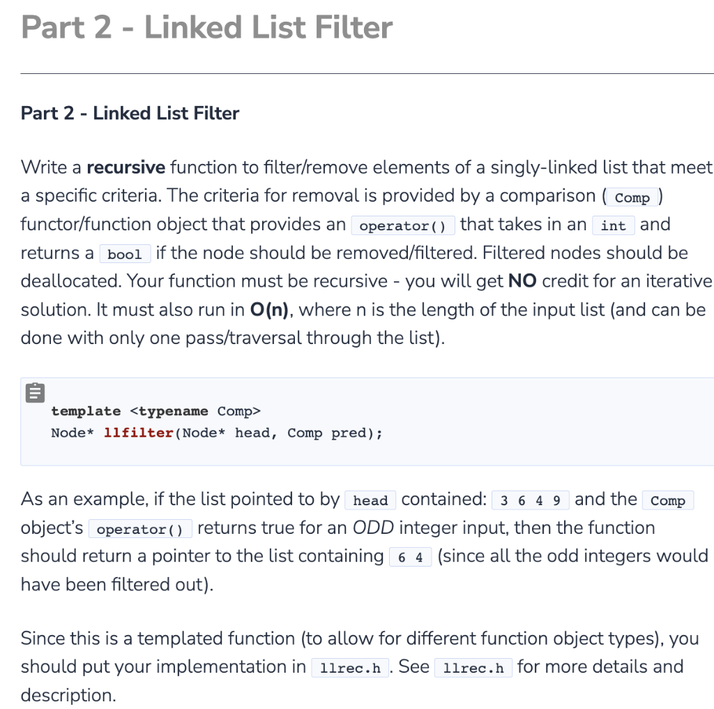 Solved Part 2 - Linked List Filter Write a recursive | Chegg.com