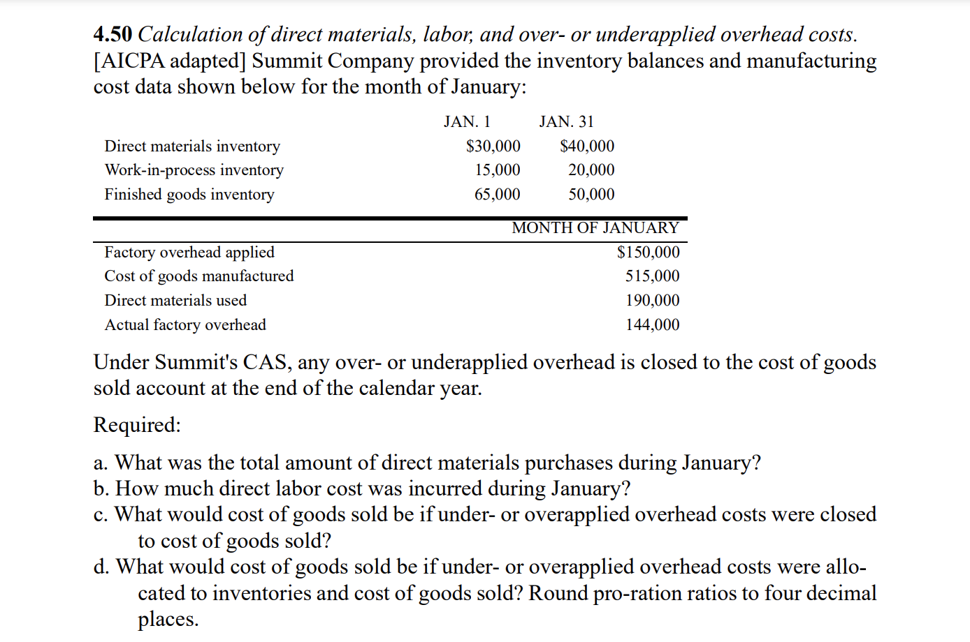 Solved 4.50 Calculation of direct materials, labor, and | Chegg.com