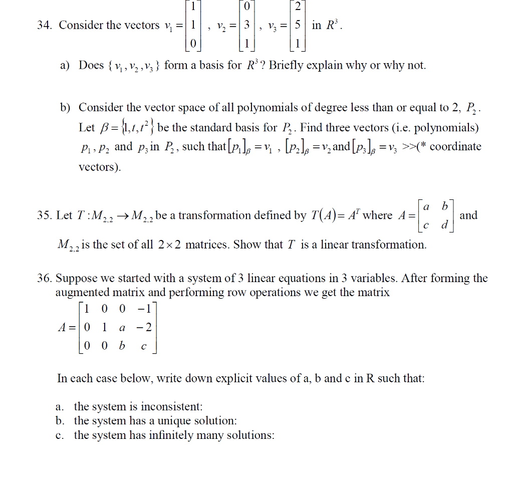 Solved 0 34. Consider the vectors y-| | | , v-3 | . v: | 5 | | Chegg.com