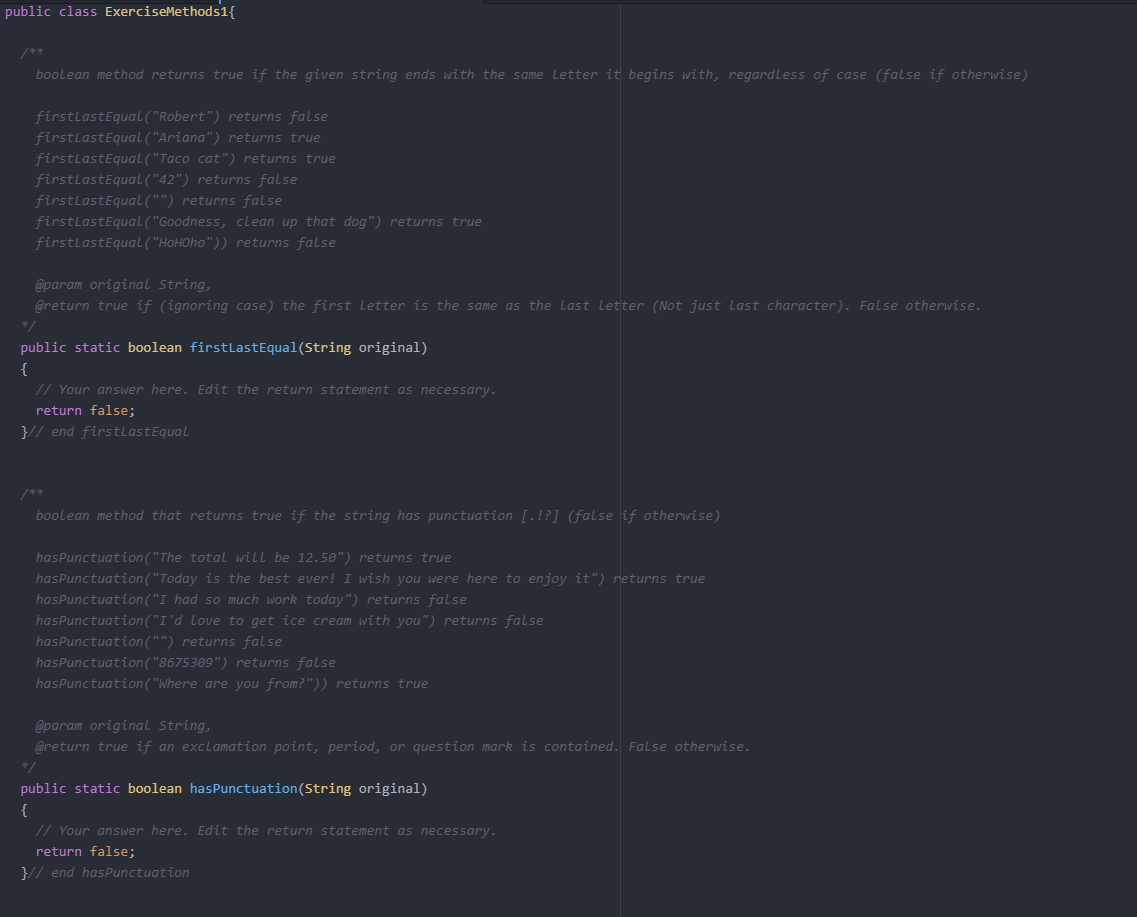Solved public class ExerciseMethods1{ boolean method returns | Chegg.com