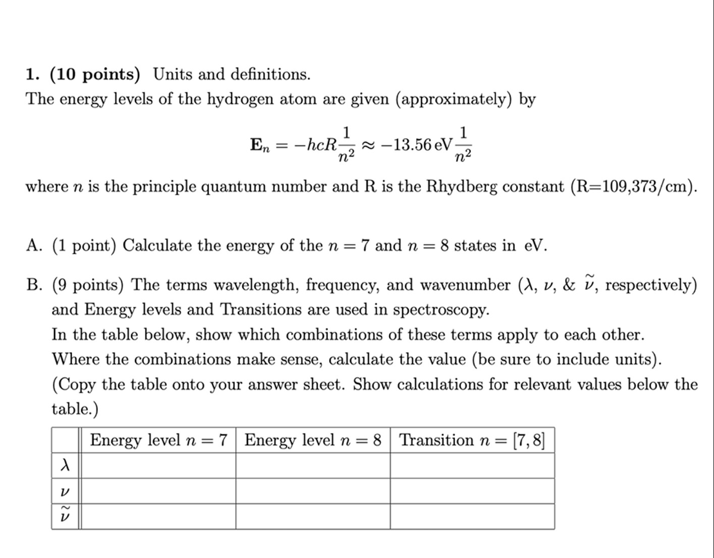 Solved (10 ﻿points) ﻿Units and definitions.The energy levels | Chegg.com