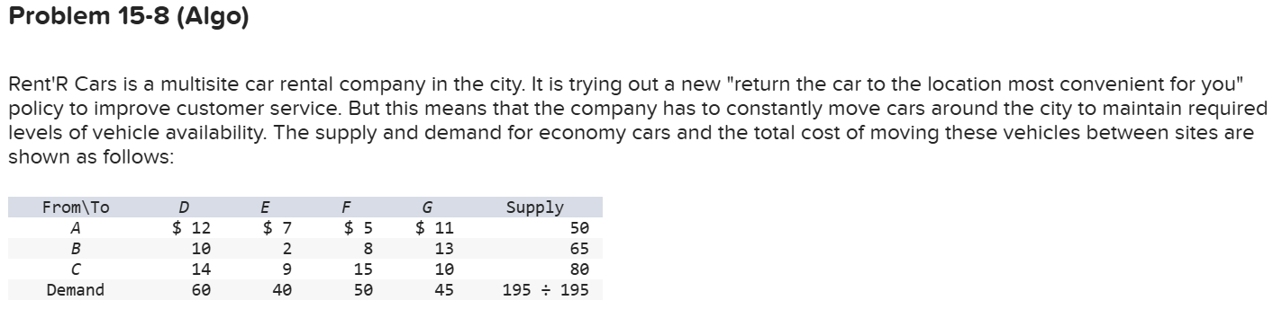 Problem 15-8 (Algo)Rent'R Cars is a multisite car | Chegg.com