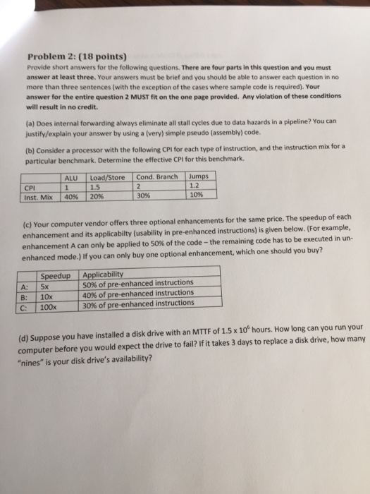 Solved Problem 2: (18 points) Provide short answers for the | Chegg.com