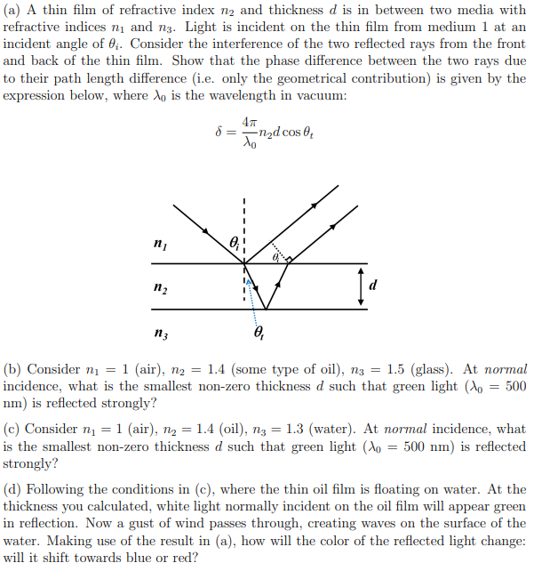 Solved (a) A thin film of refractive index n2 and thickness | Chegg.com