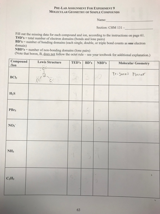 Solved PRE-LAB ASSIGNMENT FOR EXPERIMENT9 MOLECULAR GEOMETRY | Chegg.com