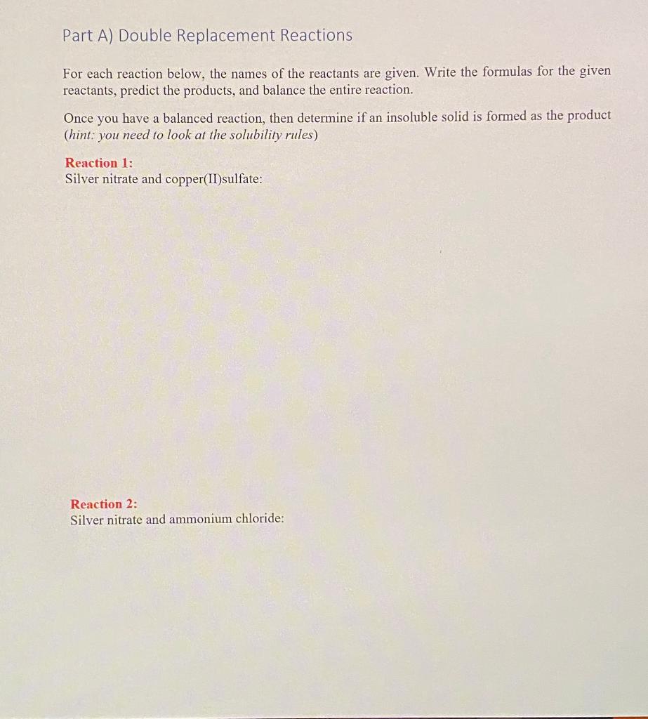 Solved Part A) Double Replacement Reactions For each | Chegg.com