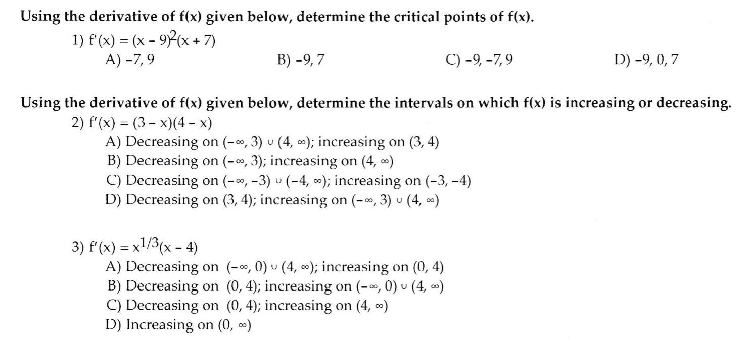 Solved Using the derivative of f(x) given below, determine | Chegg.com